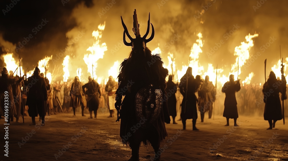 Ancient Celtic Samhain festival reenactment with warriors holding ...