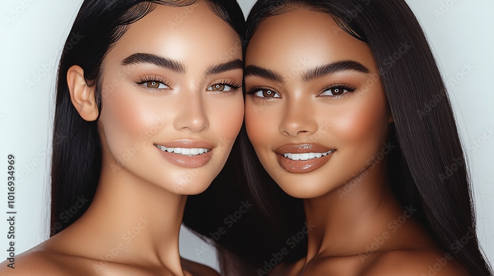 Two women with sleek, high ponytails are posed together against a soft ...
