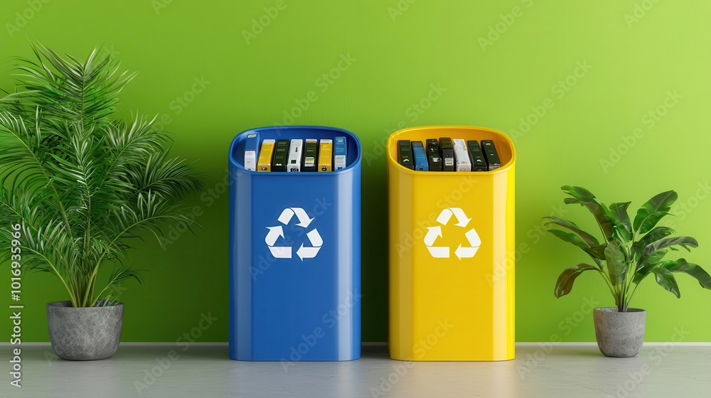 Two recycling bins in blue and yellow against a green wall with indoor ...