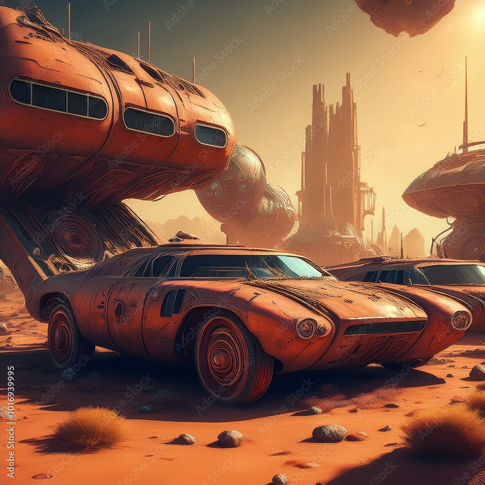 Futuristic vehicles rust in a retro-futuristic dystopia setting ...