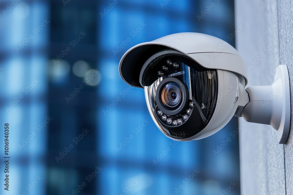 Modern security camera mounted on a building, overlooking a bustling ...