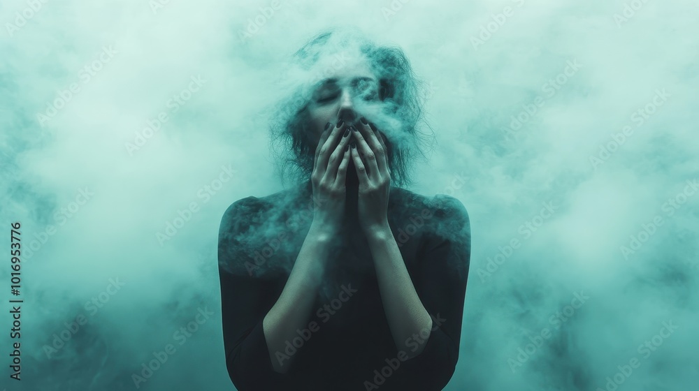 A woman is enveloped in ethereal green mist, obscuring her face and ...