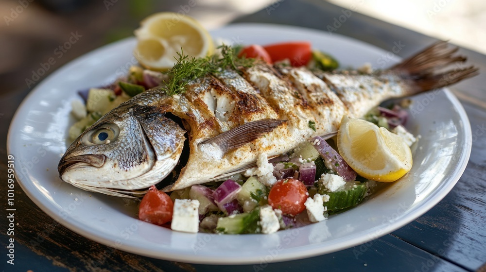 Greek salad and traditional Dorada fish from Kissamos, Crete, the Greek ...