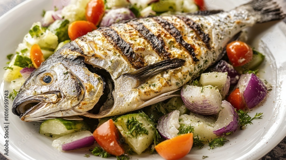 Greek salad and traditional Dorada fish from Kissamos, Crete, the Greek ...