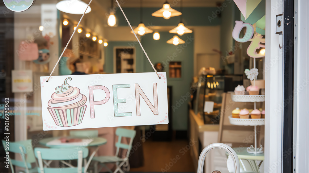 Charming bakery interior with an 'Open' sign and delicious cupcakes on ...