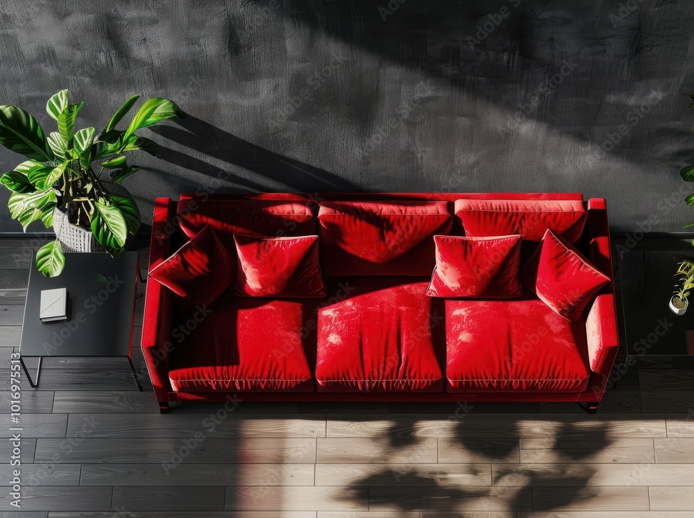Overhead view of a red velvet sofa with pillows, a black side table, a ...