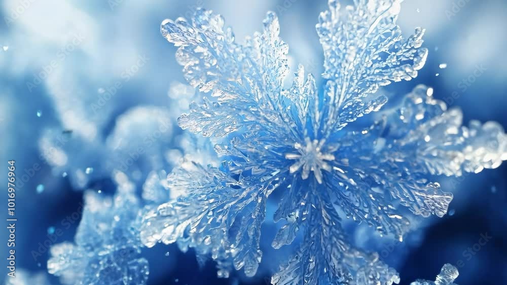 A snowflake is shown in a blue background. The snowflake is surrounded ...