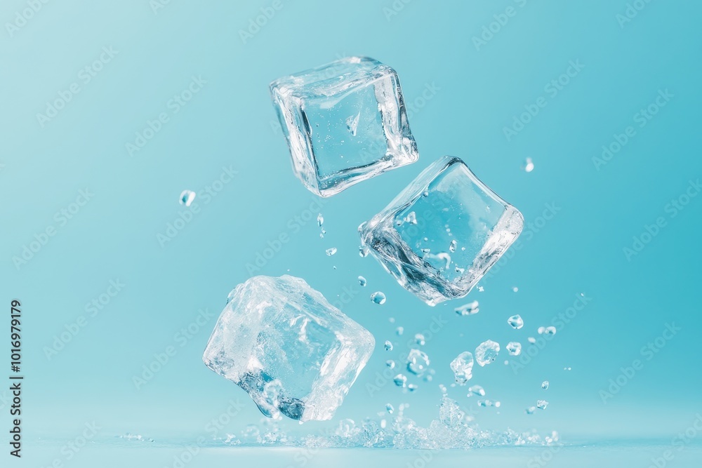 Three ice cubes splashing into water against a light blue background, creating dynamic bubbles ...