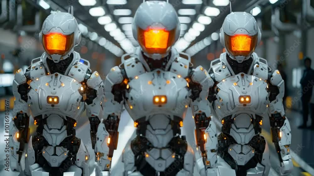 Three robots in white uniforms stand in a hallway. The robots are ...
