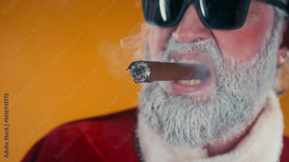 Stab closeup of bearded senior Santa Claus in sunglasses and red ...