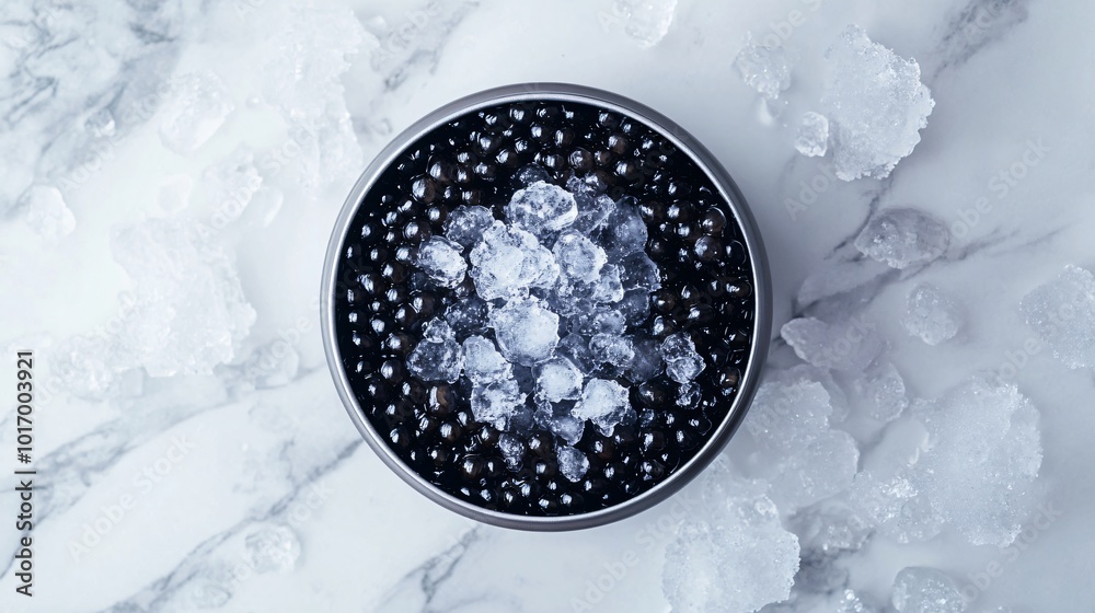 Tin of caviar nestled in crushed ice, isolated on a white marble ...