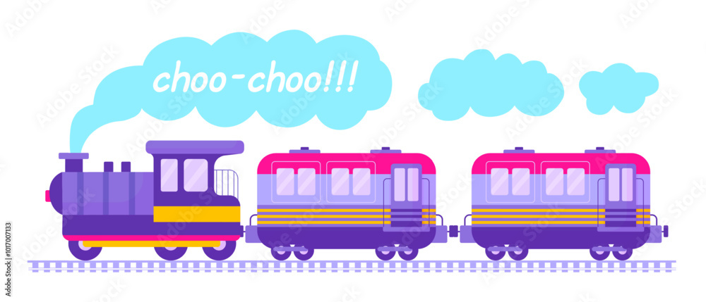 Cartoon toy train. Cute steam train with wagons and clouds hums choo ...