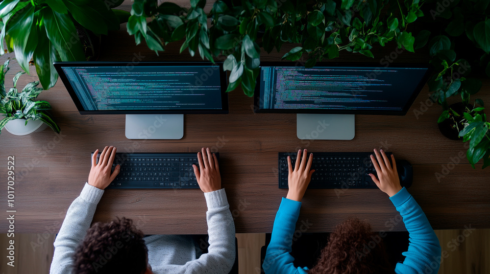 Two developers work together on a coding project, their hands resting on mechanical keyboards ...