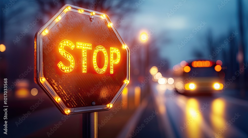 A stop sign attached to the side of a school bus, shown in detail with ...