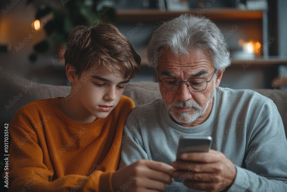 Grey haired dad and teenager son are looking at screen of mobile phone ...