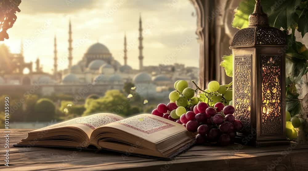 Serene scene of an opened Quran with fresh grapes and fruit by the ...