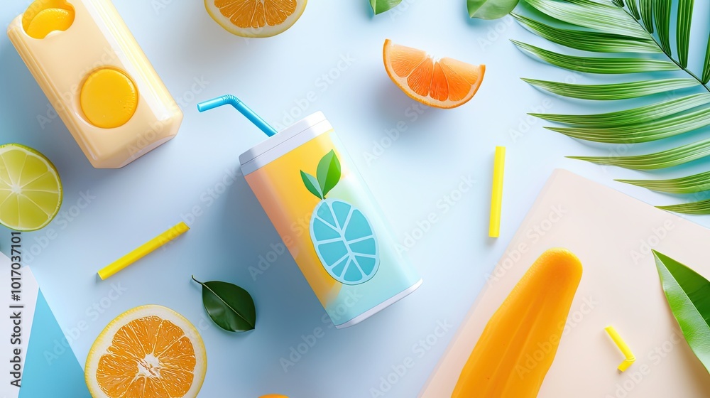 Brightly colored juice box with tropical fruit designs, placed on a ...
