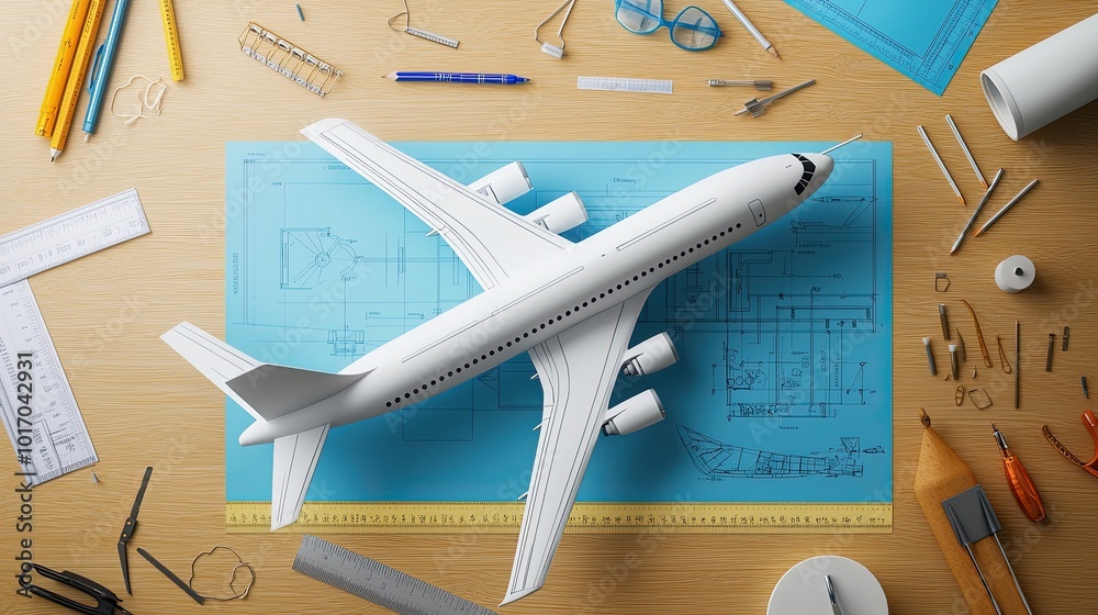 Overhead view of a large airplane blueprint spread out on a drafting ...