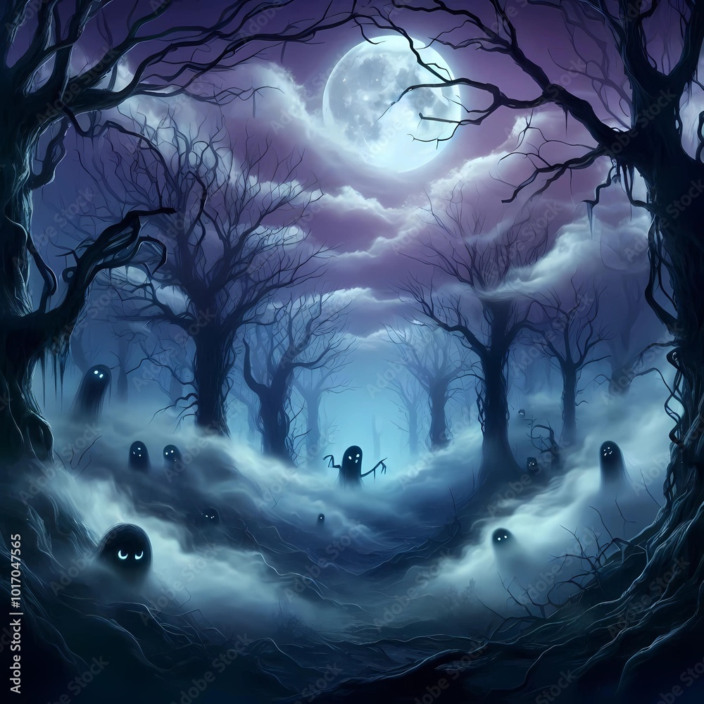 dark misty forest panorama fantasy halloween landscape. Spooky scary ...
