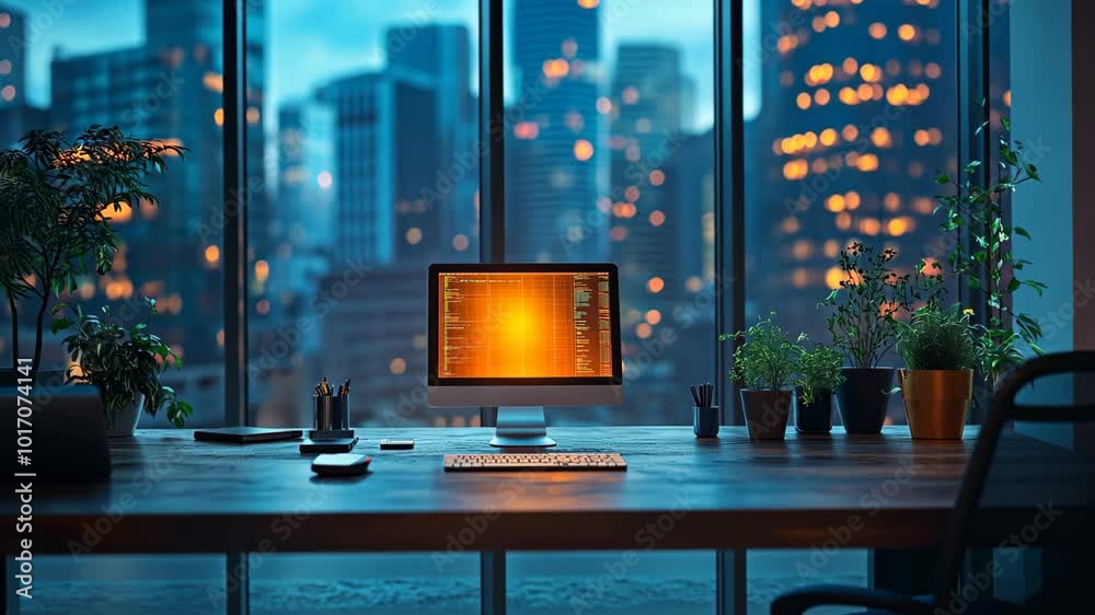Modern office desk with glowing computer monitor overlooking ...