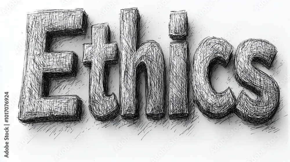 A monochrome drawing depicts the word 'Ethics' using sketch-like ...