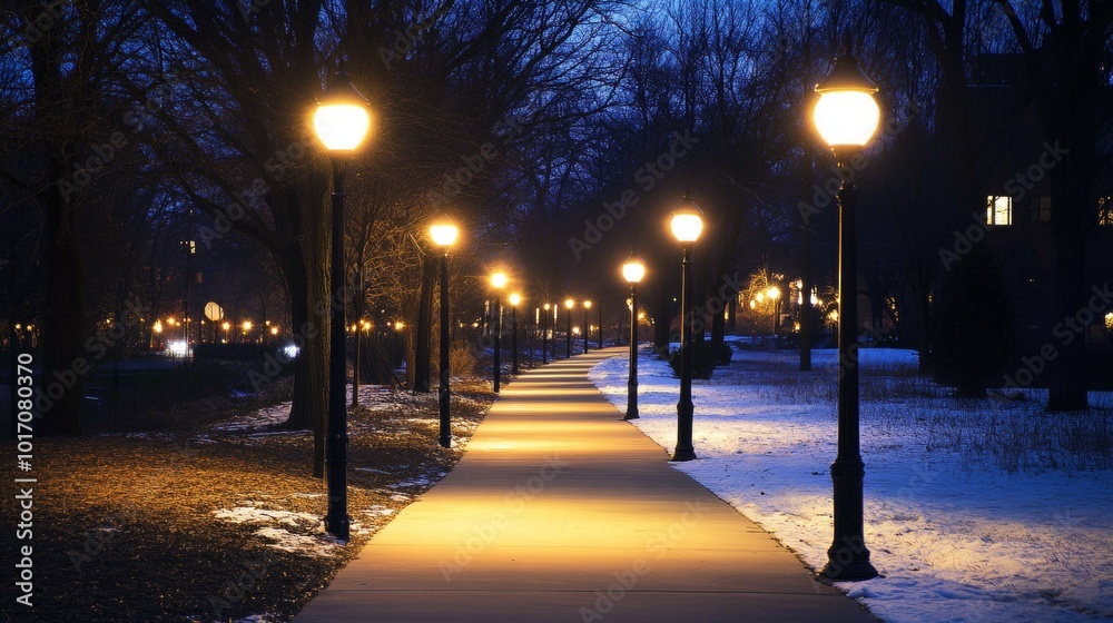 Illuminating sidewalks with ethereal glow, street lamps guide the night ...