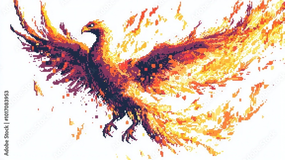 An 8-bit phoenix emerging from pixelated flames, depicted in a retro ...