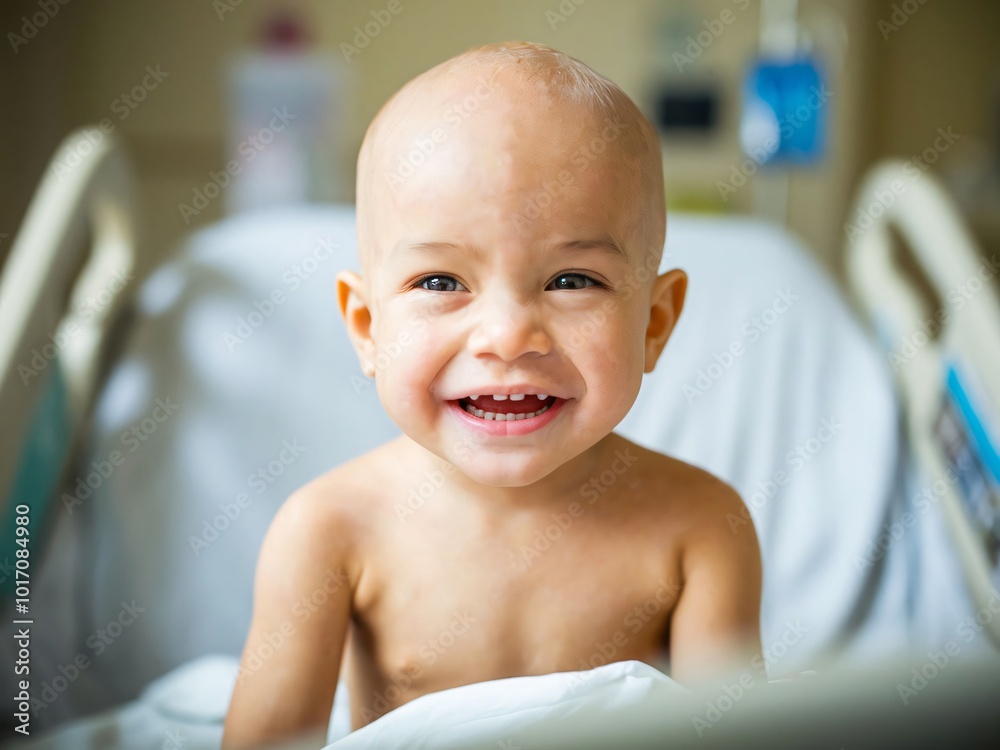 a bald young child with a radiant smile sitting in a hospital bed. The ...