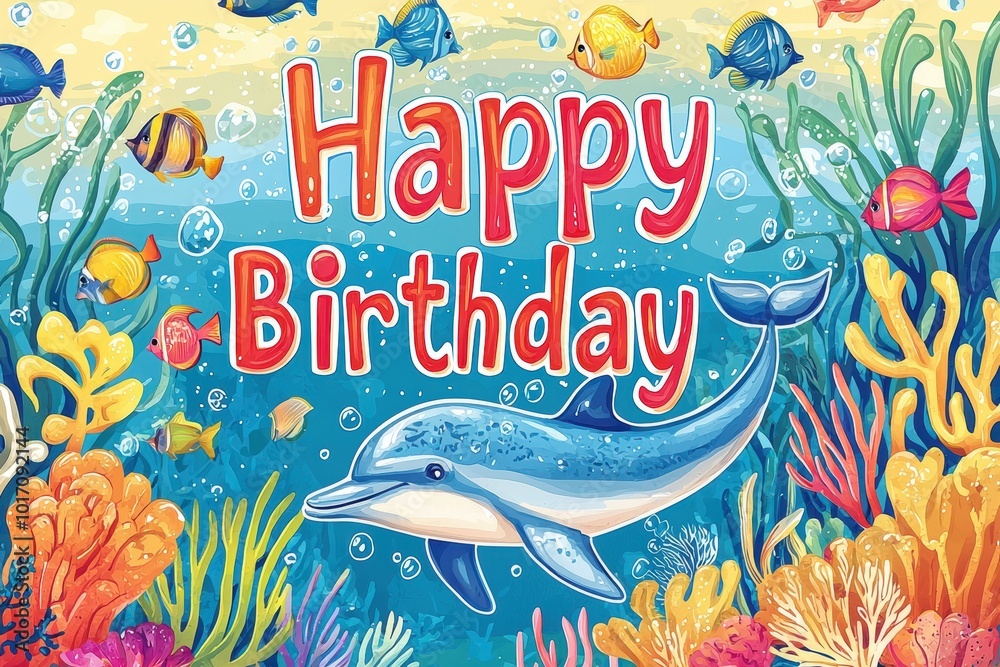 Colorful Underwater Birthday Card Design with Cheerful Dolphin and ...