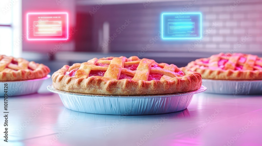 Warm seasonal pies displayed in a futuristic kitchen, illuminated by ...