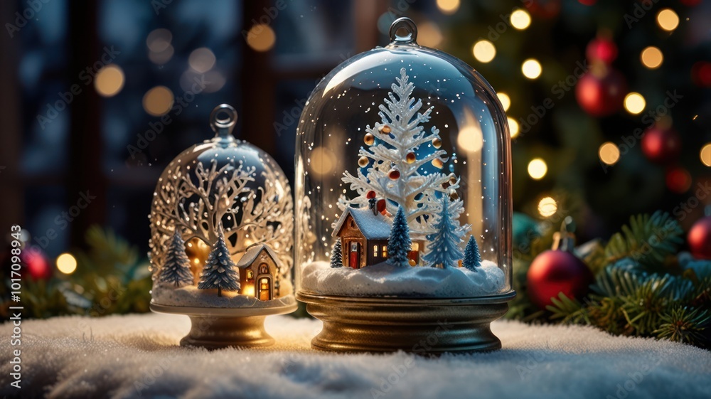 Two glass snow globes with miniature snowy winter scenes inside ...