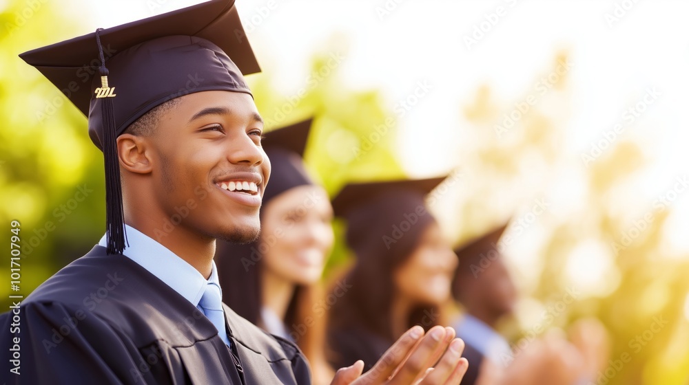 Smiling young black man in graduation cap applauding during ceremony ...