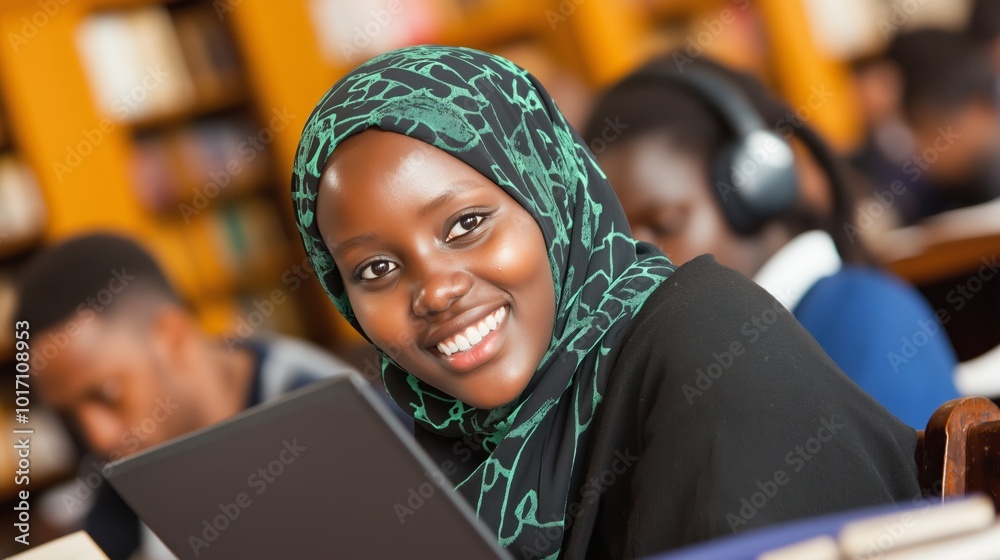 Smiling young woman in hijab studying with laptop in library, embracing ...