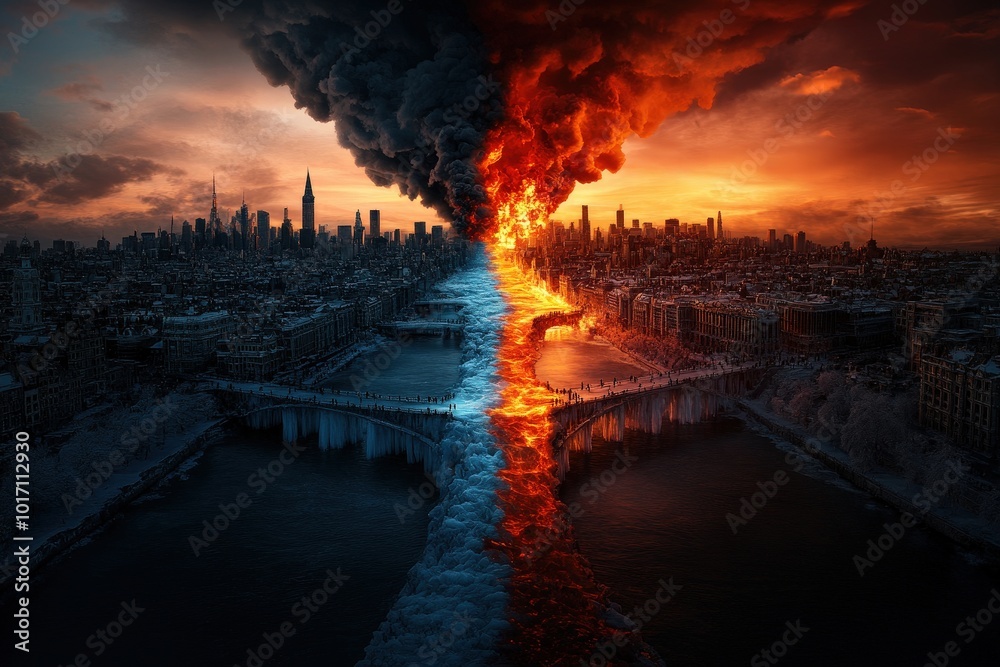 A surreal city scene split down the middle by a raging fiery river ...