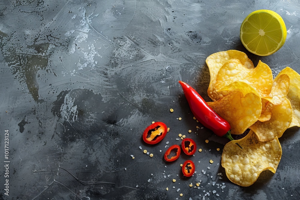product photography, potato chips, one lime, few Habanero peppers ...