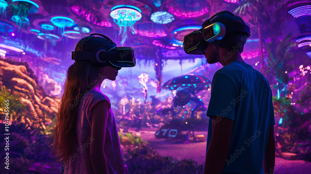 Two friends in a futuristic park, both wearing VR goggles, immersed in ...