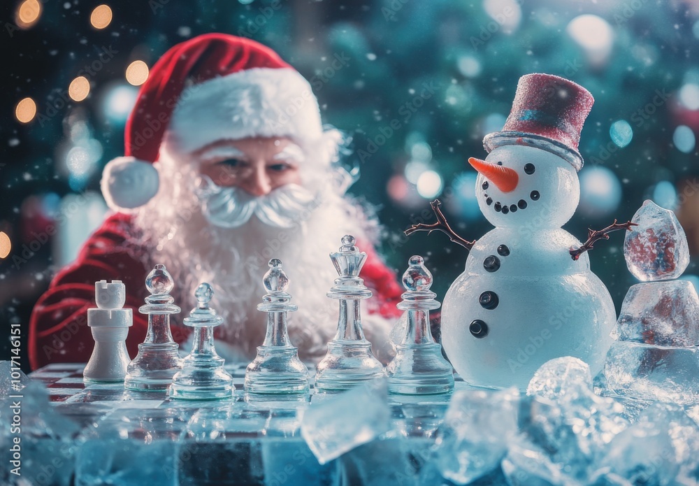 Santa Claus plays chess with a snowman on an ice table, and the chess ...