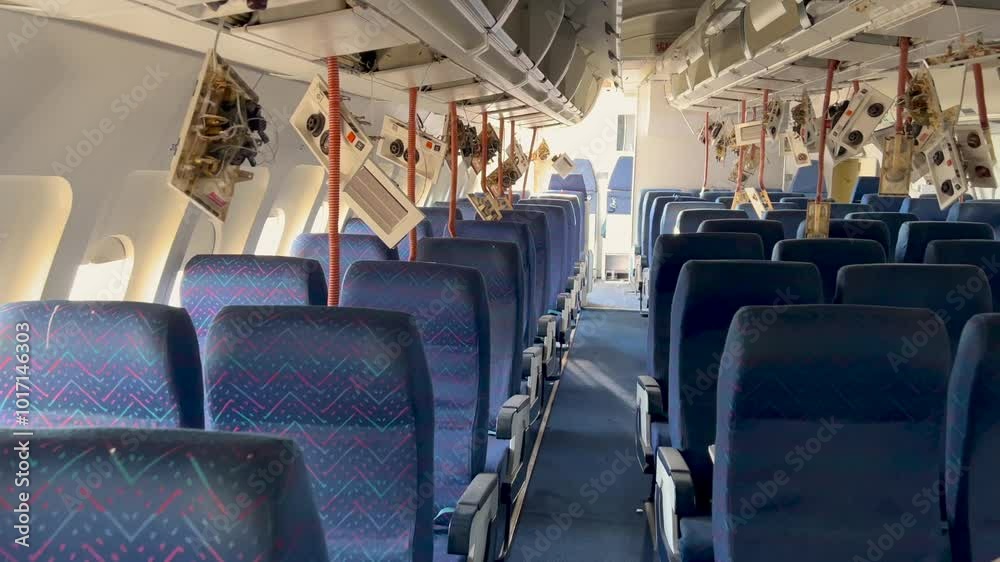 Abandoned Wide-Body Aircraft Interior with Broken Overhead Panels ...