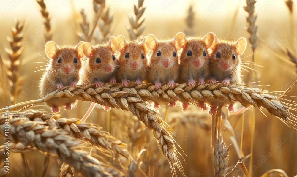 Five harvest Mice sitting side by side on an ear of wheat in a field ...