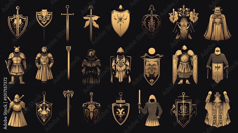 Icon set of heraldic knight symbols and armor, featuring various ...