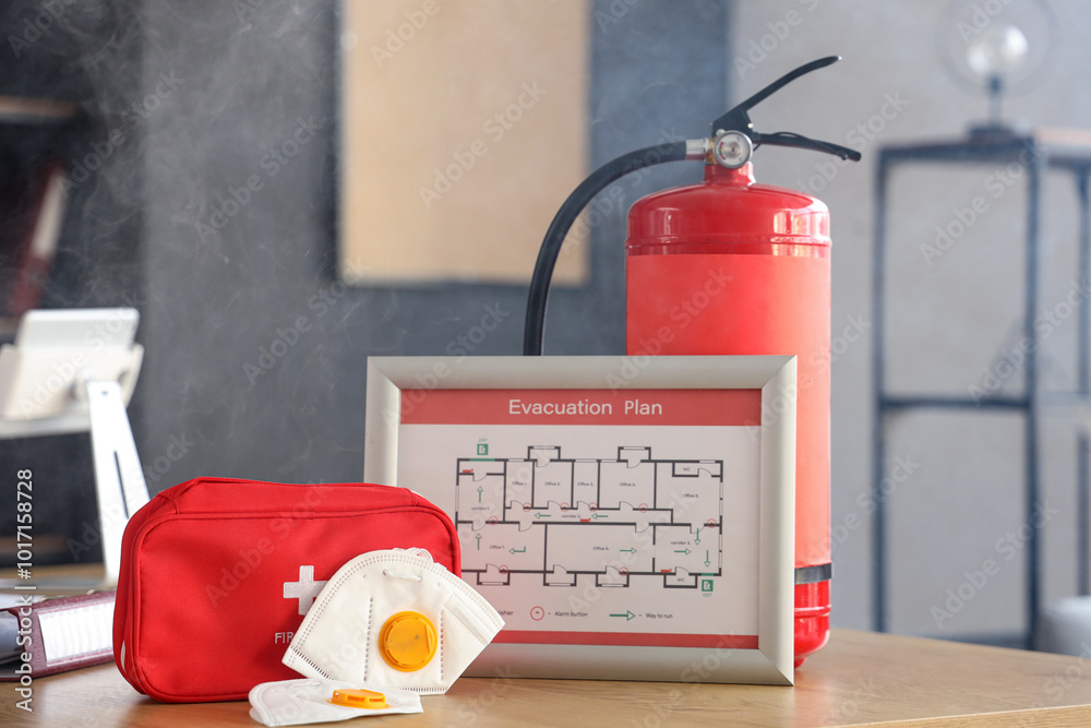 Poster Evacuation plan with masks, first aid kit and fire extinguisher ...