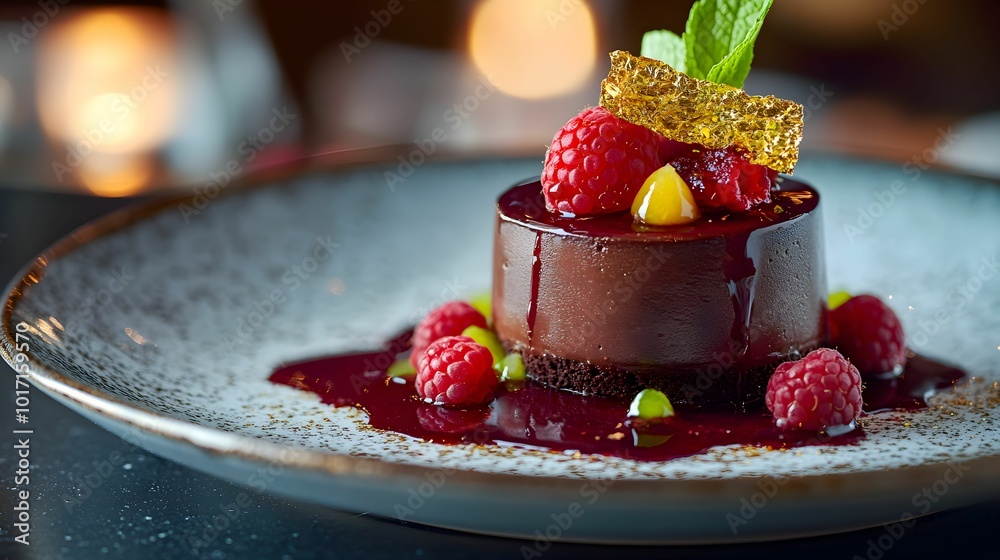 deser, mus czekoladowy, luksusowe jedzenie, złote detale, maliny ...