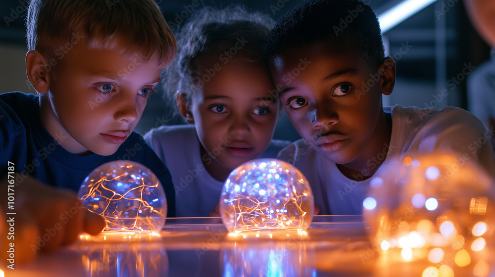Adults and children engaged in a science experiment, eyes wide with ...