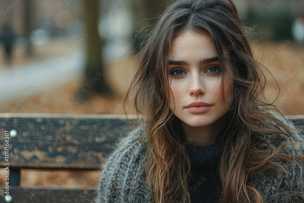 A woman sitting alone on a park bench, looking down with a sad ...