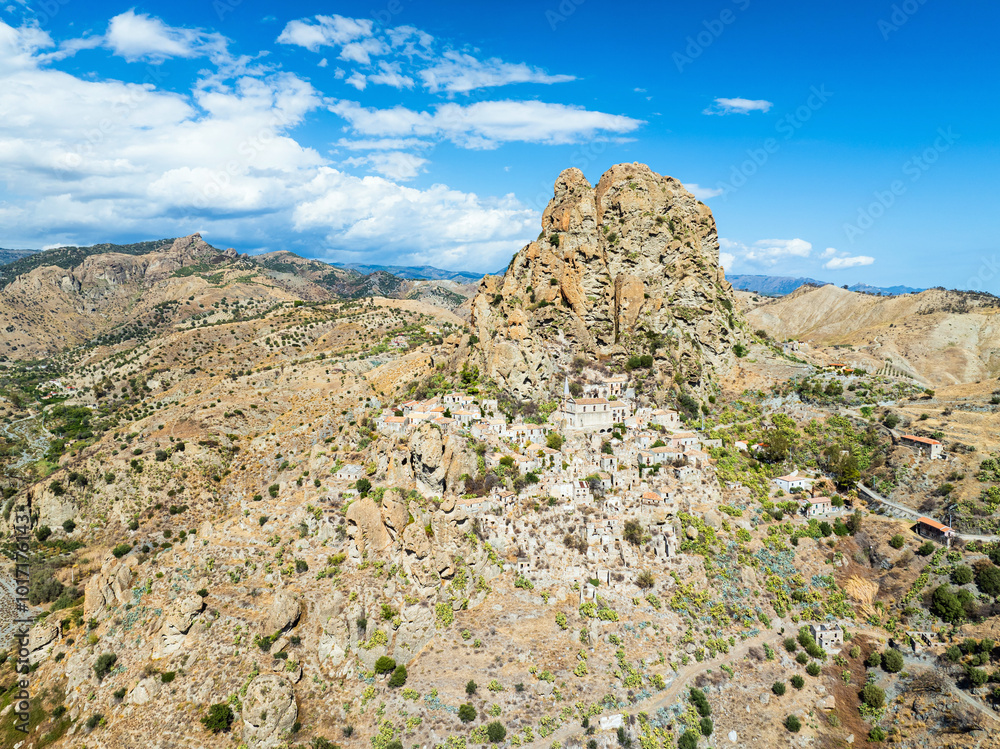 Mountains and Olive groves around Ghost Town from a drone, Pentedattilo ...