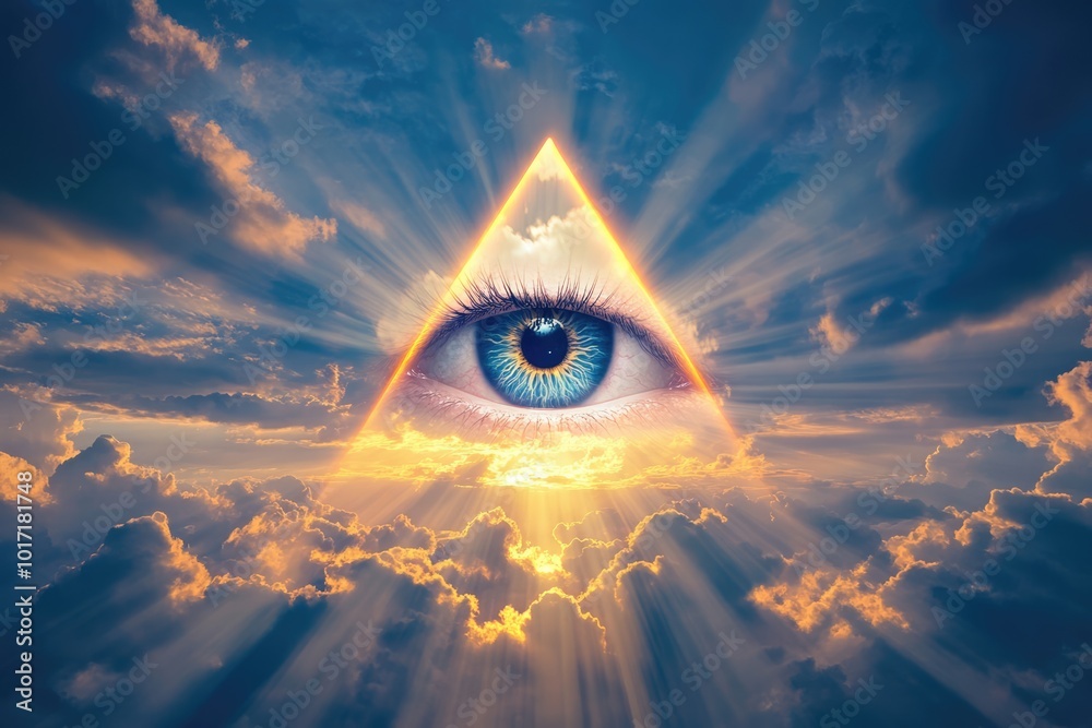 Shining Eye of Providence in the blue cloudy sky at sunset. All-seeing ...