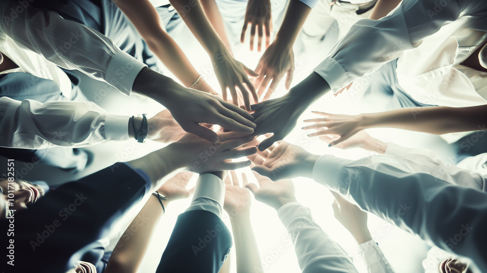 Staff's hands come together showing inspiring teamwork and unity ...