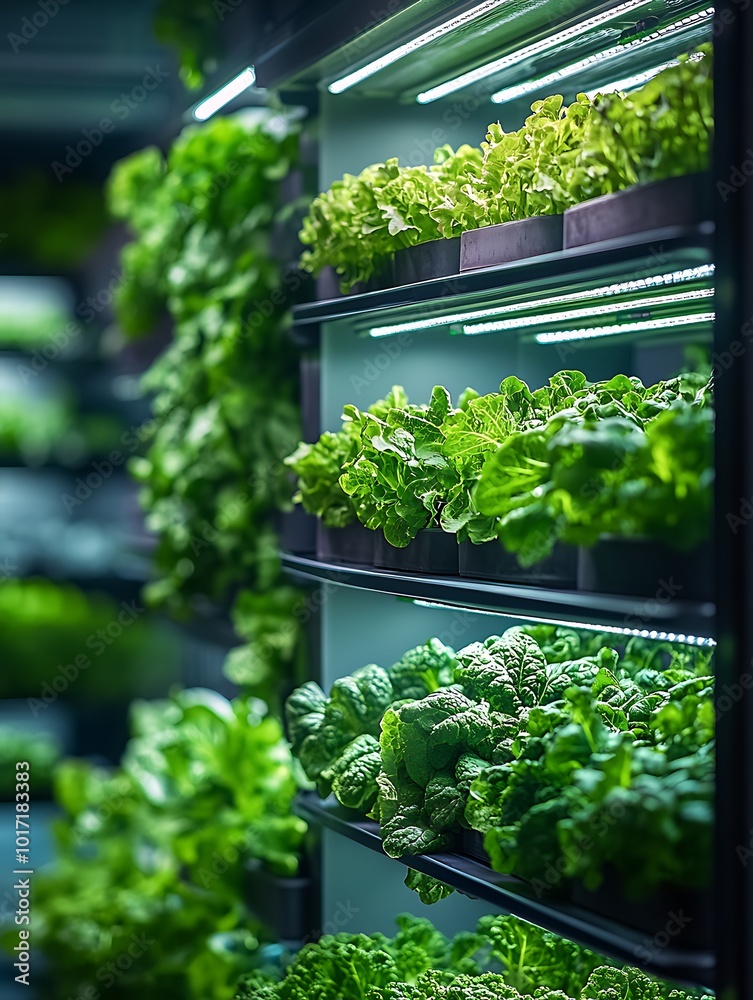 Rows of vibrant green leafy vegetables growing in vertical stacked ...