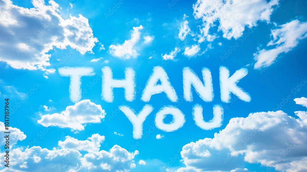Thank you skywriting with fluffy white clouds against a bright blue sky ...