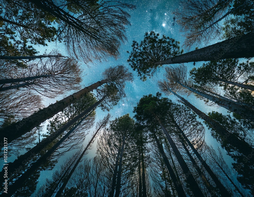 From below there are gigantic trees in the forest with a view of the ...